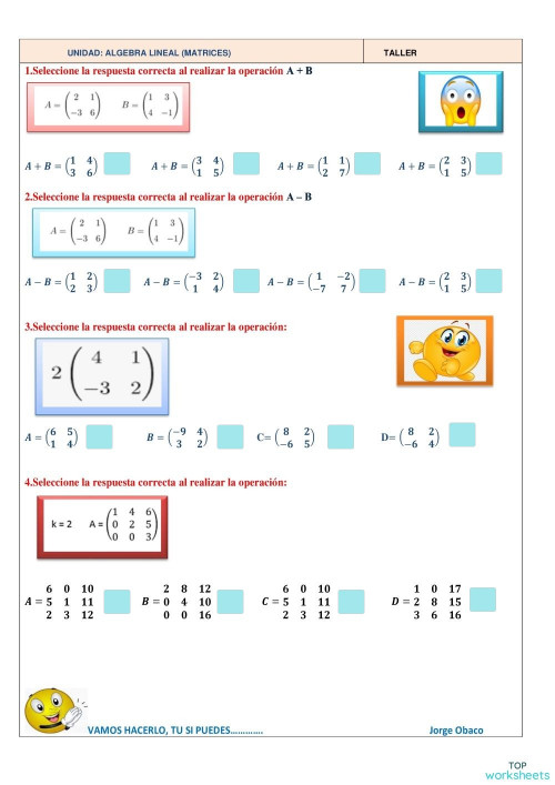 OPERACIONES CON MATRICES. Ficha interactiva | TopWorksheets