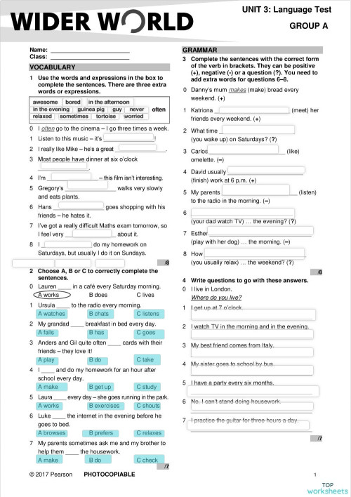 WIDER WORLD 1 Language test 3A(50). Interactive worksheet | TopWorksheets