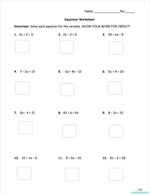 Solving Equations Practice. Interactive worksheet | TopWorksheets