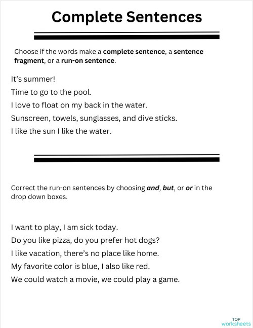 Complete Sentences. Interactive worksheet | TopWorksheets Complete Sentences. Interactive worksheet | TopWorksheets