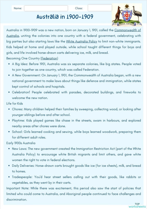 Australia 1900-1909. Interactive worksheet | TopWorksheets