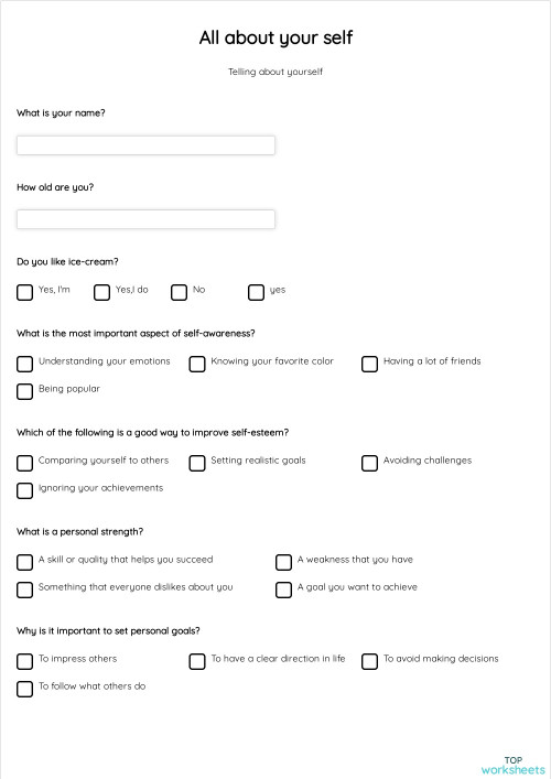 All about your self. Interactive worksheet | TopWorksheets