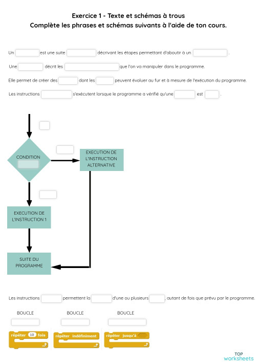 Introduction à l'algorithmique - Exercices d'application. Fiche interactive | TopWorksheets