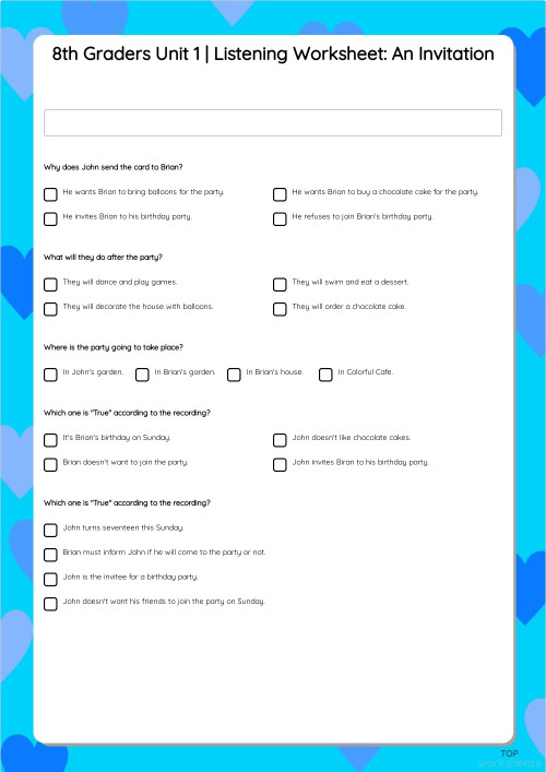 8th Graders Unit 1 | Listening Worksheet: An Invitation. Interactive worksheet | TopWorksheets