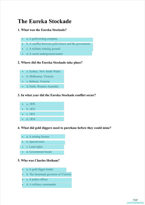The Eureka Stockade Multiple Choice. Interactive worksheet | TopWorksheets