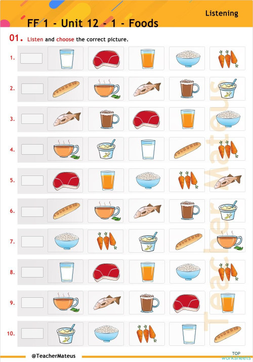 FF 1 - Unit 12 - 1 - Food - Listening. Interactive worksheet ...