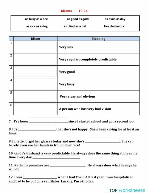 Idioms Quiz 19-24. Interactive worksheet | TopWorksheets
