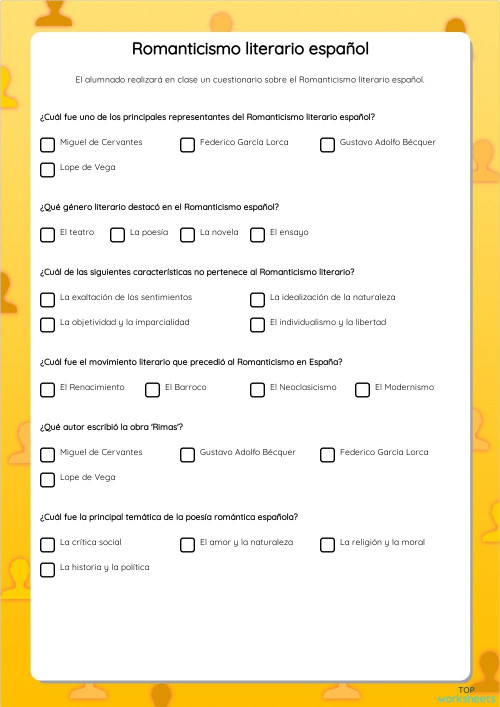 Romanticismo literario español. Ficha interactiva | TopWorksheets