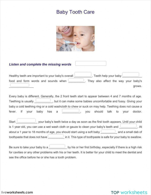 Baby tooth care. Interactive worksheet | TopWorksheets