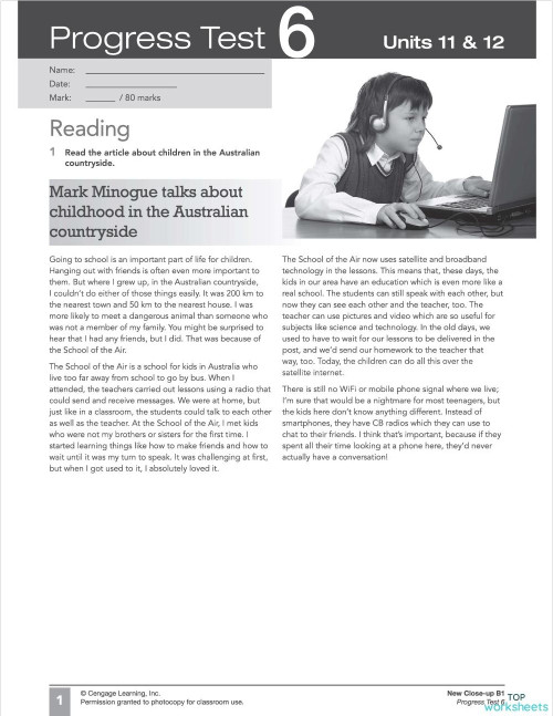 Close-Up B1 Progress Test 6 Reading. Interactive worksheet | TopWorksheets