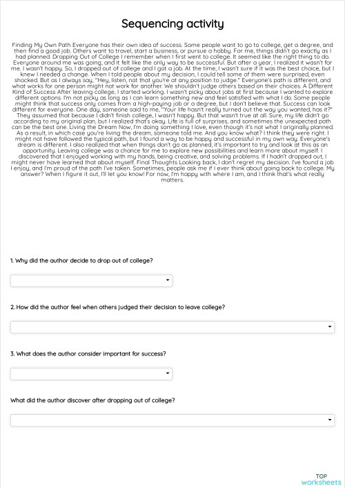 Sequencing activity. Interactive worksheet | TopWorksheets