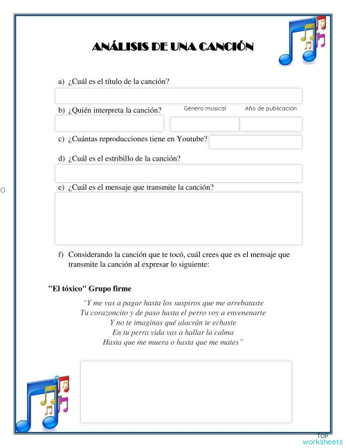 Análisis de una canción. Ficha interactiva | TopWorksheets