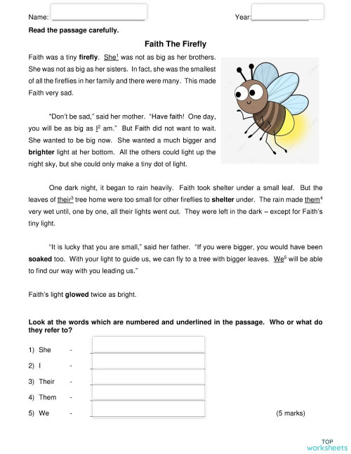 Comprehension Faith The Firefly. Interactive worksheet | TopWorksheets