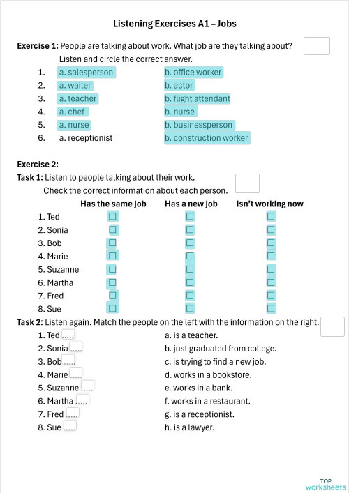 Listening Jobs. Interactive worksheet | TopWorksheets