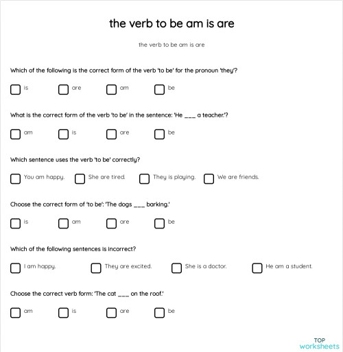 the verb to be am is are. Interactive worksheet | TopWorksheets