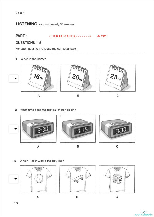 KEY For Schools Listening #5. Interactive worksheet | TopWorksheets