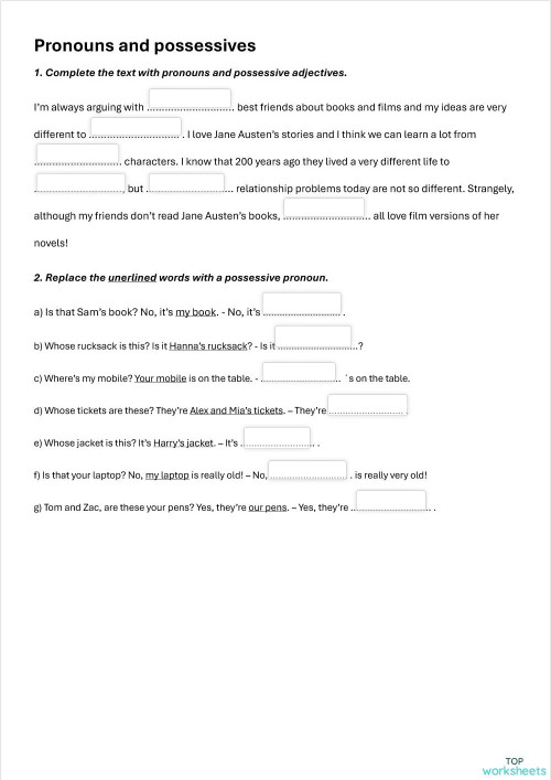 Pronouns and possessives. Interaktivní pracovní list | TopWorksheets