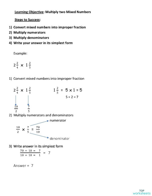 Year 6 - Multiply two Mixed Numbers. Interactive worksheet | TopWorksheets