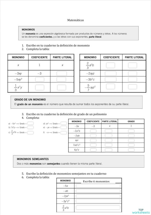 Operaciones con monomios. Ficha interactiva | TopWorksheets