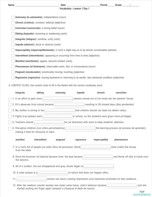 Vocabulary Lesson 1 Day 1 English 92. Interactive worksheet | TopWorksheets
