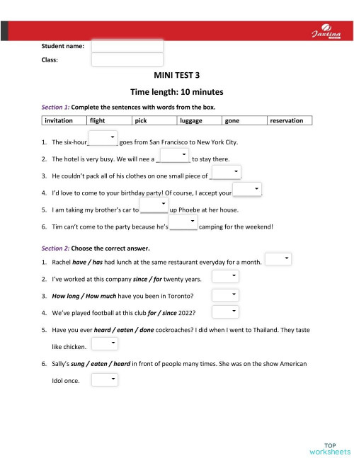 MINI TEST 3-MOCK TEST (TC). Interactive worksheet | TopWorksheets