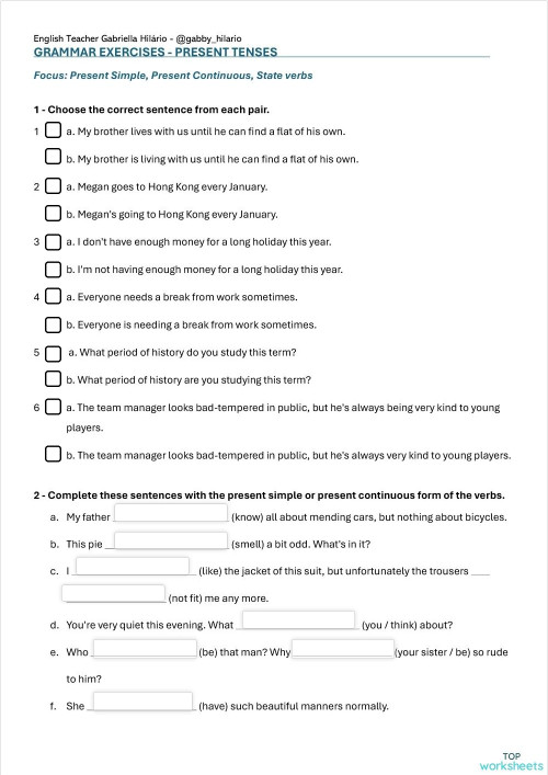 Present Tenses - Present Simple and Continuous. Interactive worksheet ...