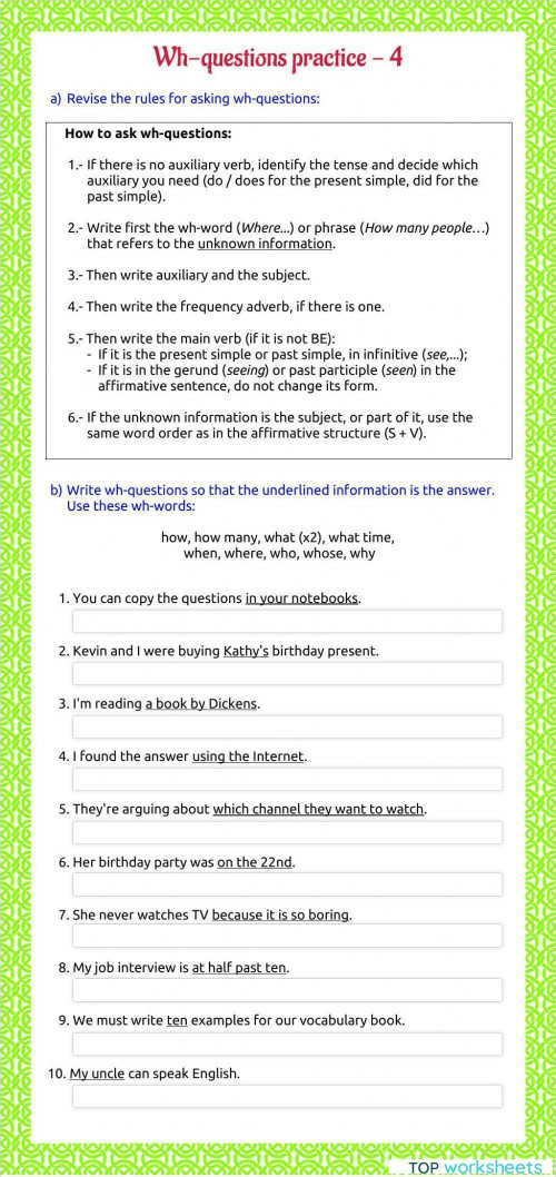 Wh- questions practice 4. Interactive worksheet | TopWorksheets