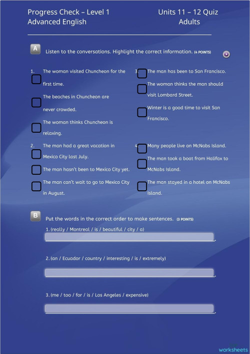 Progress Check - Level 1 - Unit 11-12. Interactive worksheet ...