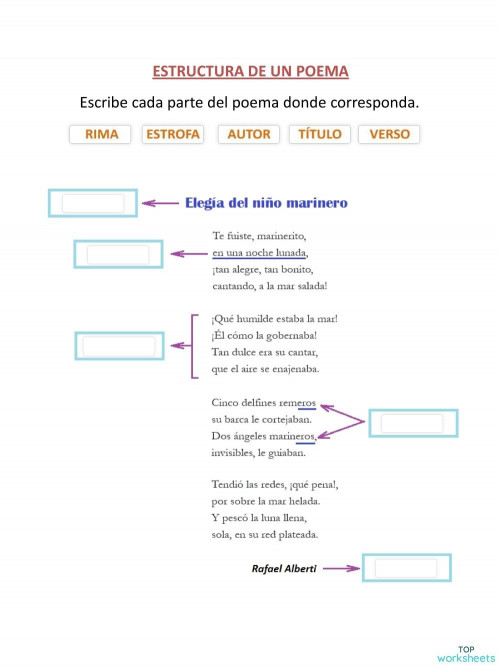 Elementos de una poesía. Ficha interactiva | TopWorksheets