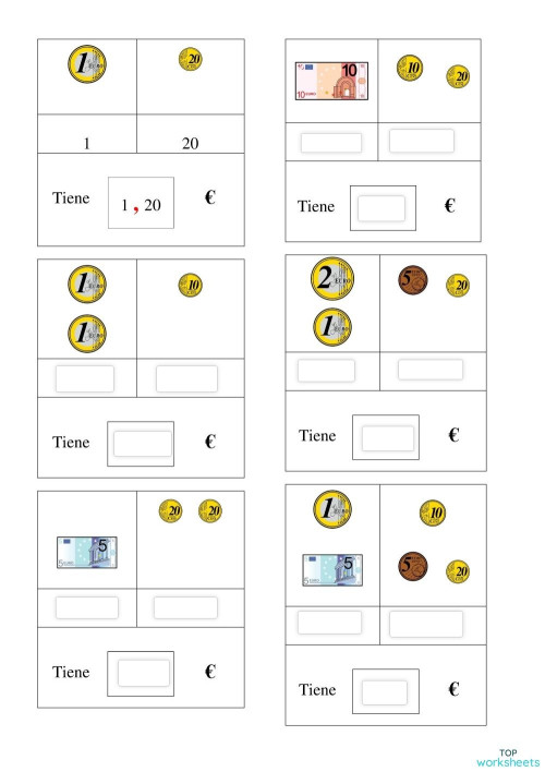LOS EUROS Y LOS CÉNTIMOS. Ficha interactiva | TopWorksheets