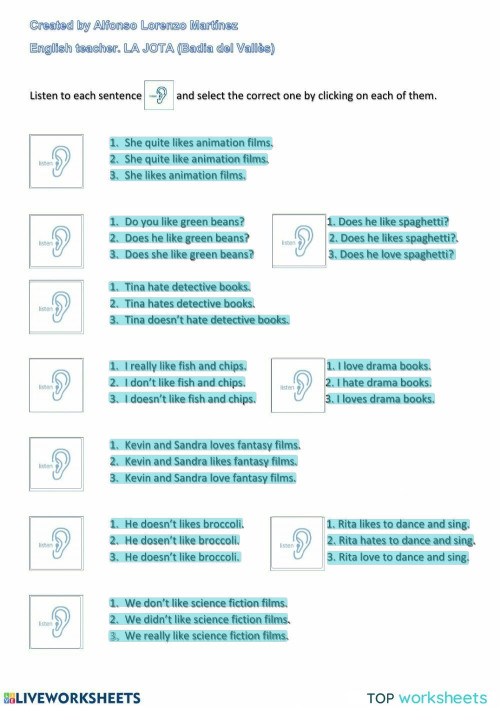 Listening: Likes and dislikes. Interactive worksheet | TopWorksheets