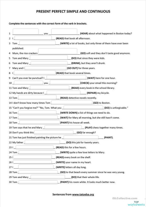 Homework - Present Perfect Simple and Continuous. Interactive worksheet | TopWorksheets