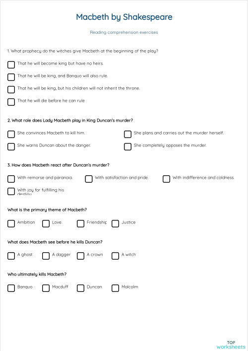 Macbeth by Shakespeare. Interactive worksheet | TopWorksheets