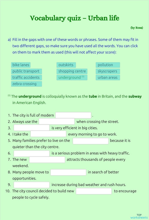 Vocabulary quiz - Urban life. Interactive worksheet | TopWorksheets