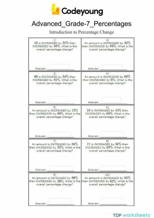 Introduction to Percentage Change Advanced. Interactive worksheet ...