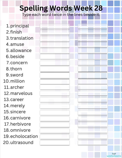 Spelling Words Week 28.1. Interactive worksheet | TopWorksheets