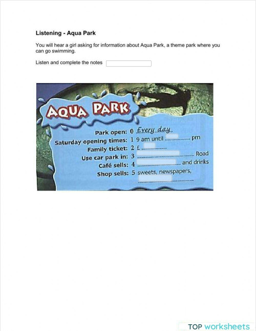 Listening - Aqua Park. Interactive worksheet | TopWorksheets