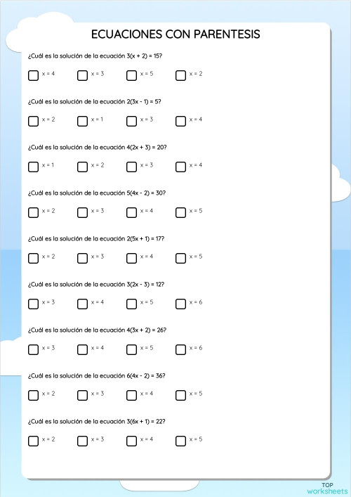 ECUACIONES CON PARENTESIS. Ficha interactiva | TopWorksheets