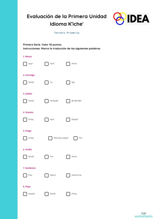 Evaluación de la Primera Unidad Idioma K'iche'. Ficha interactiva ...