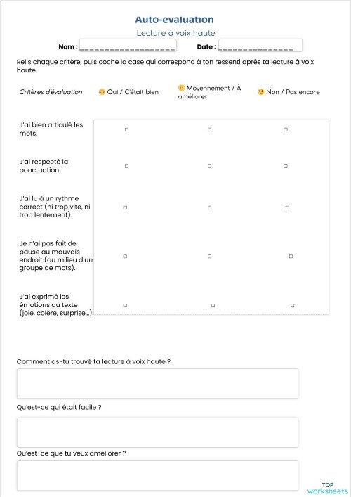 Auto-évaluation Lecture. Fiche interactive | TopWorksheets