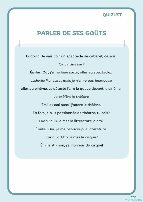 Parler de ses goûts. Fiche interactive | TopWorksheets
