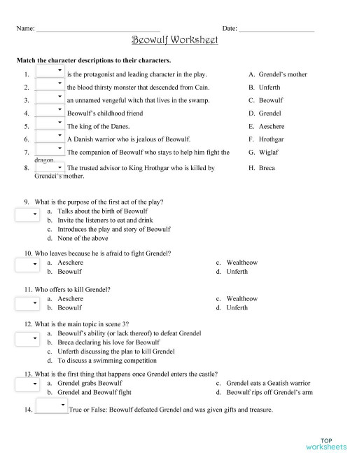 Beowulf Quiz. Interactive worksheet | TopWorksheets