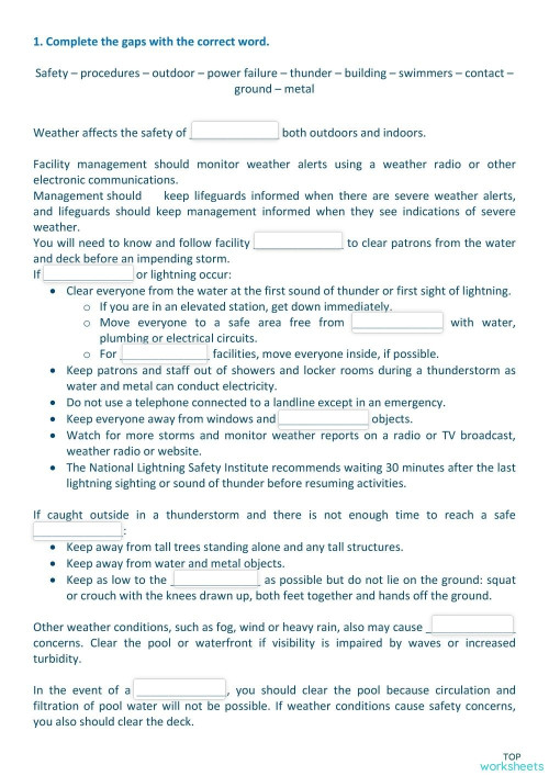 Weather conditions - Lifeguarding. Interactive worksheet | TopWorksheets