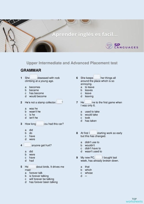 Upper Intermediate and Advanced English Placement Test. Interactive ...