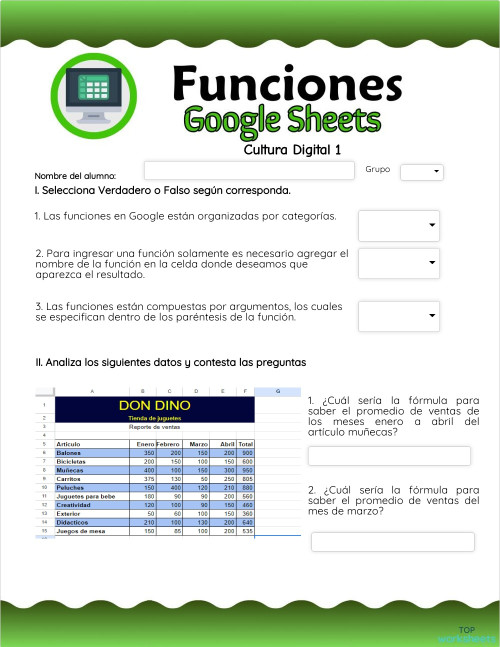 Funciones Google Sheets. Ficha interactiva | TopWorksheets