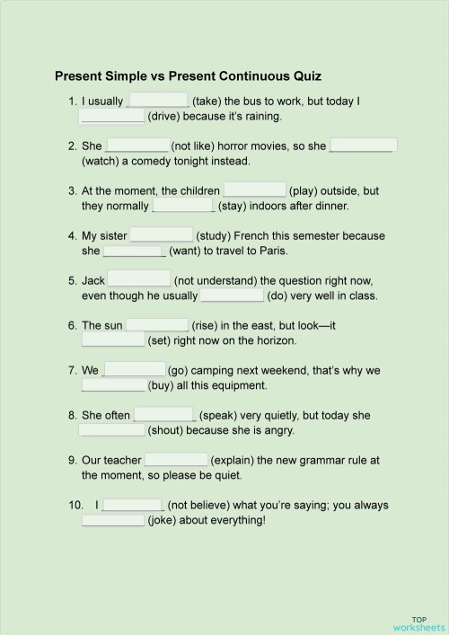 Quiz 3 Present Simple vs Present Continuous. Interactive worksheet | TopWorksheets