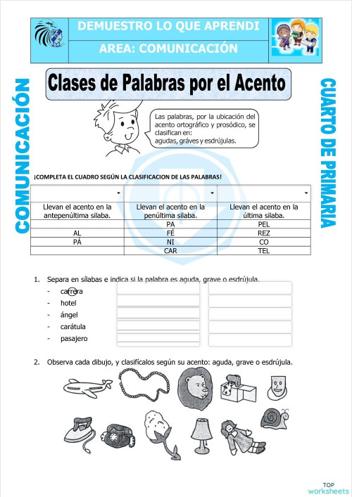 CLASIFICACION DE LAS PALABRAS SEGUN LA UBICACION DEL ACENTO. Ficha ...