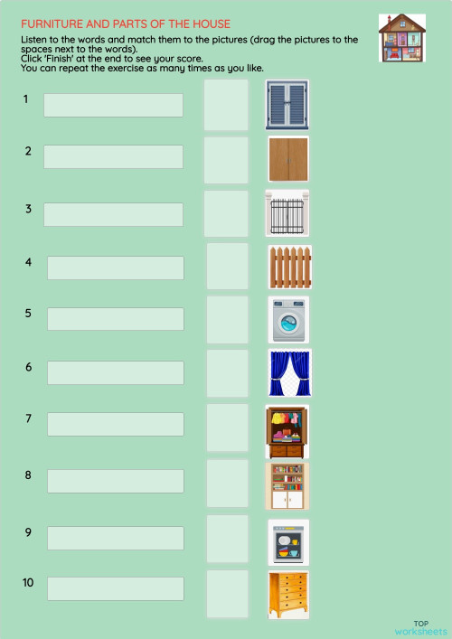 Furniture and parts of the house. Interactive worksheet | TopWorksheets