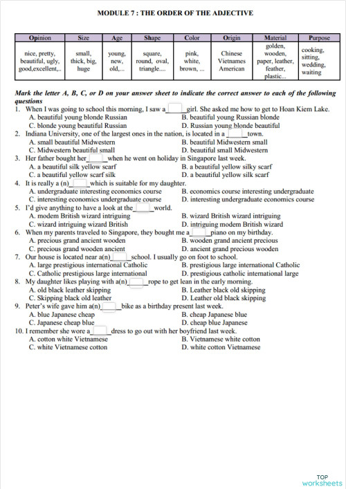 MODULE 7 : THE ORDER OF THE ADJECTIVE. Interactive worksheet ...