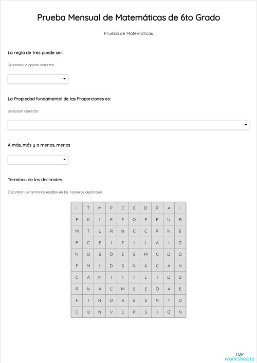 Prueba Mensual de Matemáticas de 6to Grado. Ficha interactiva ...